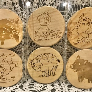 Pig/piggy Designed Laser Engraved Wooden Coasters includes 6 Coasters ...
