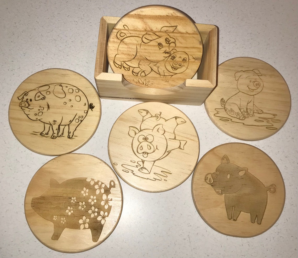 Pig/piggy Designed Laser Engraved Wooden Coasters includes 6 Coasters ...