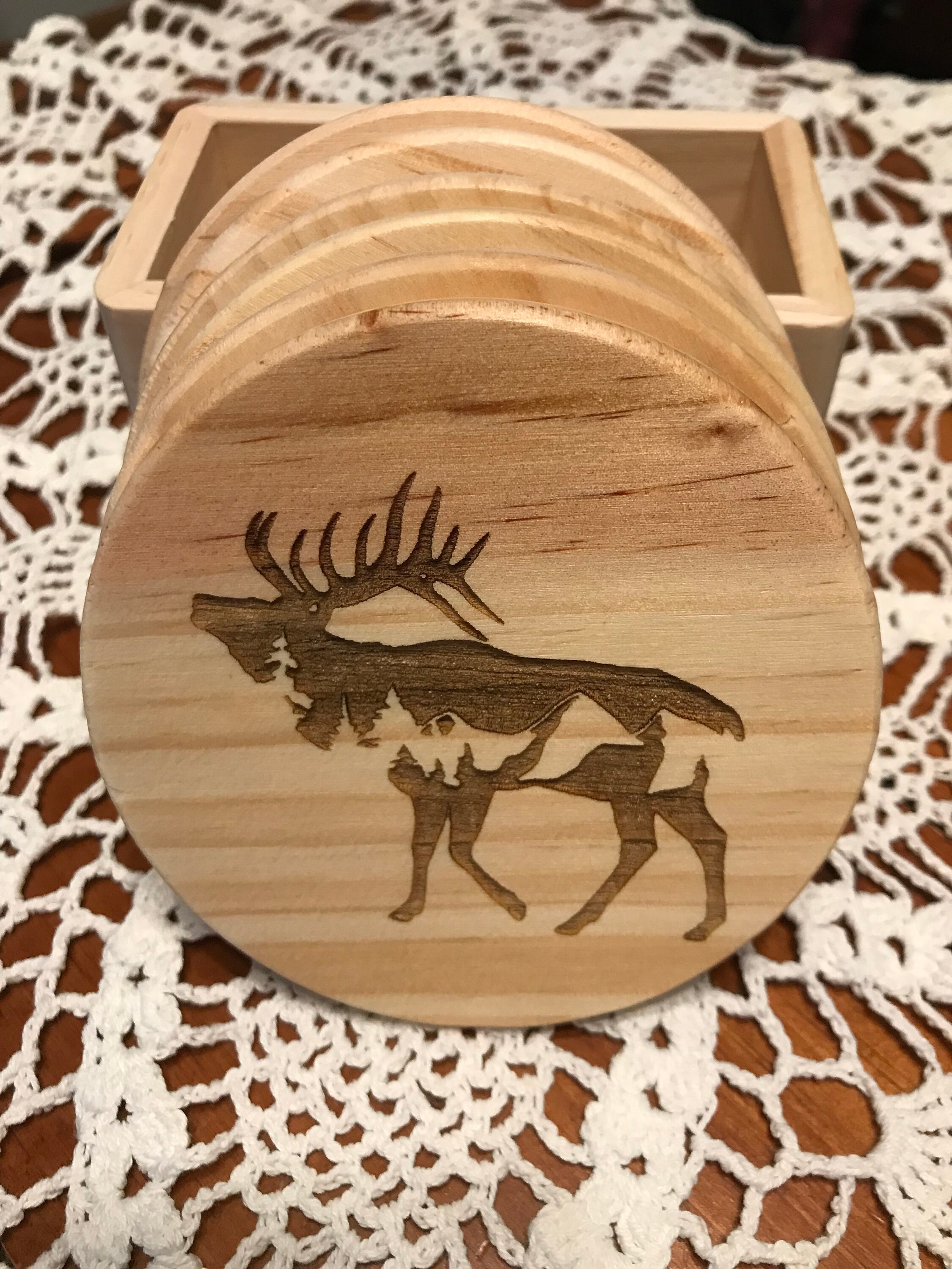 Wildlife Wooden Coaster Set, Laser Engraved (includes 6 Coasters and a ...