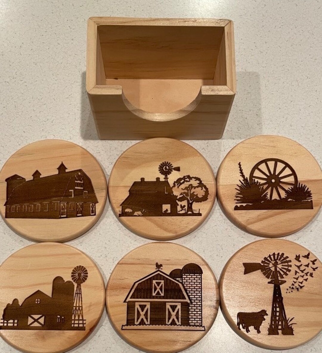 Farm/barns and Country Themed Wooden Coaster Set, Laser Engraved ...
