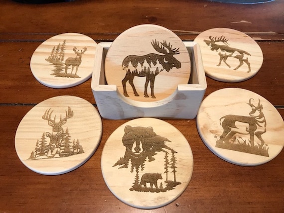 Wildlife Wooden Coaster Set Laser Engraved includes 6 | Etsy