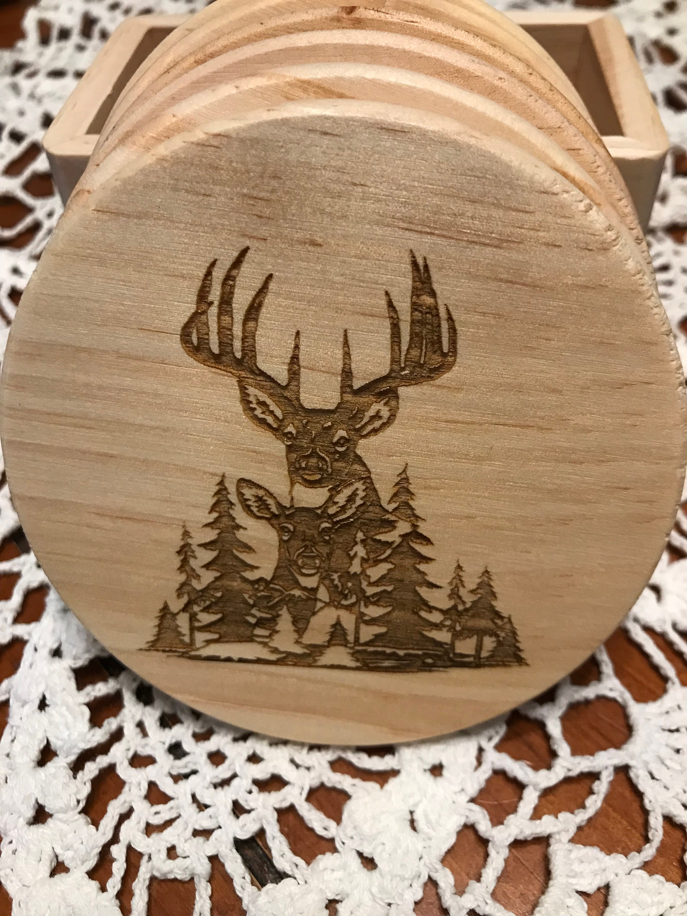 Wildlife Wooden Coaster Set, Laser Engraved (includes 6 Coasters and a ...