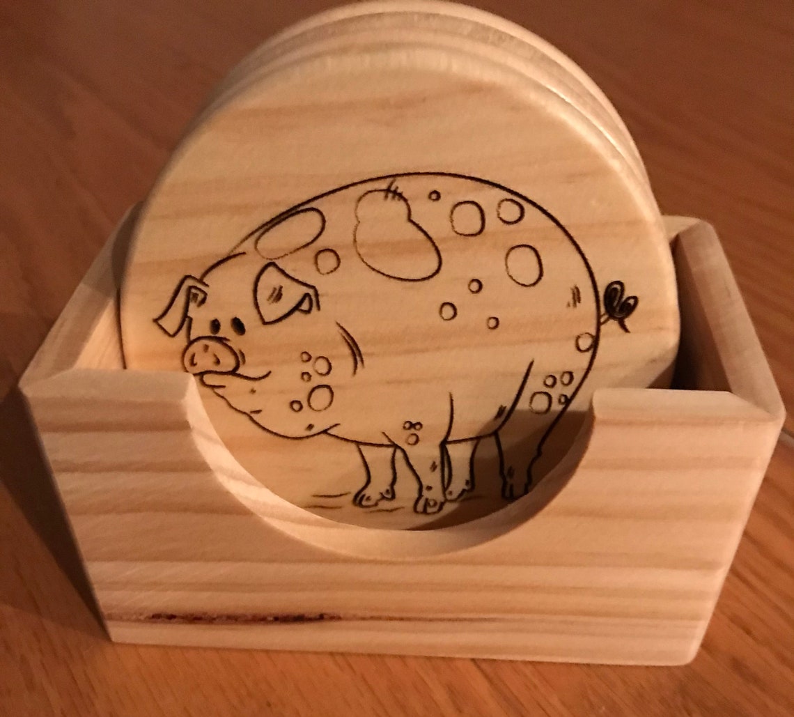 Pig/piggy Designed Laser Engraved Wooden Coasters includes 6 Coasters ...