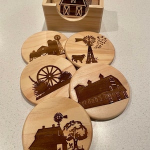 Farm/barns and Country Themed Wooden Coaster Set, Laser Engraved ...