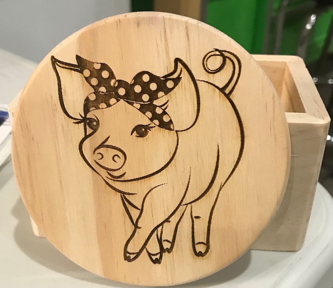 Pig/piggy Designed Laser Engraved Wooden Coasters includes 6 Coasters ...