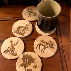 Wildlife Wooden Coaster Set, Laser Engraved (includes 6 Coasters and a ...