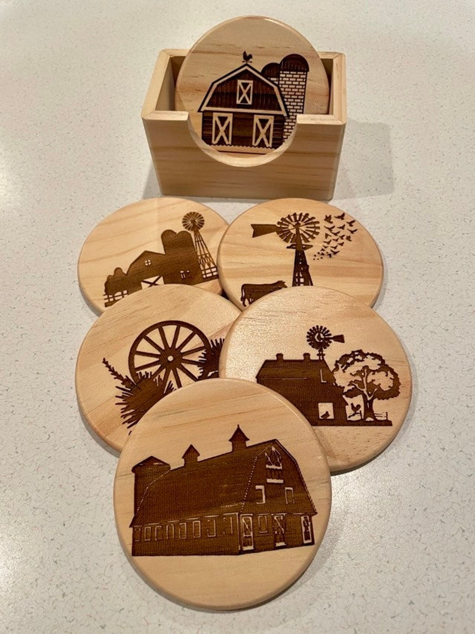 Farm/barns and Country Themed Wooden Coaster Set, Laser Engraved ...