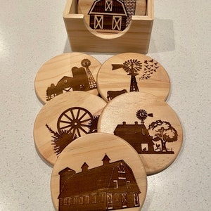 Farm/barns and Country Themed Wooden Coaster Set, Laser Engraved ...