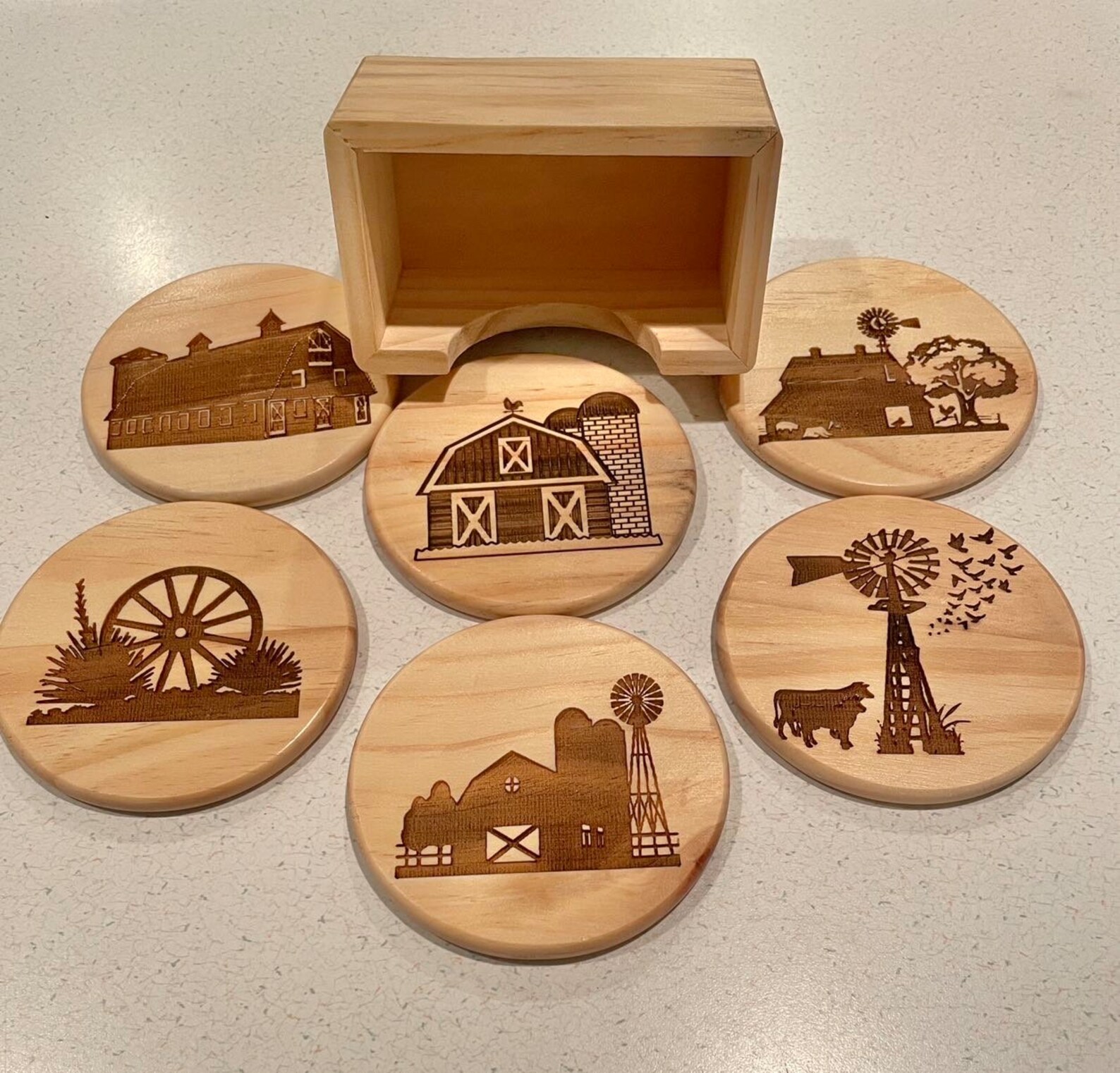 Farm/barns and Country Themed Wooden Coaster Set, Laser Engraved ...