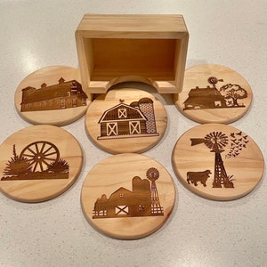 Farm/barns and Country Themed Wooden Coaster Set, Laser Engraved ...