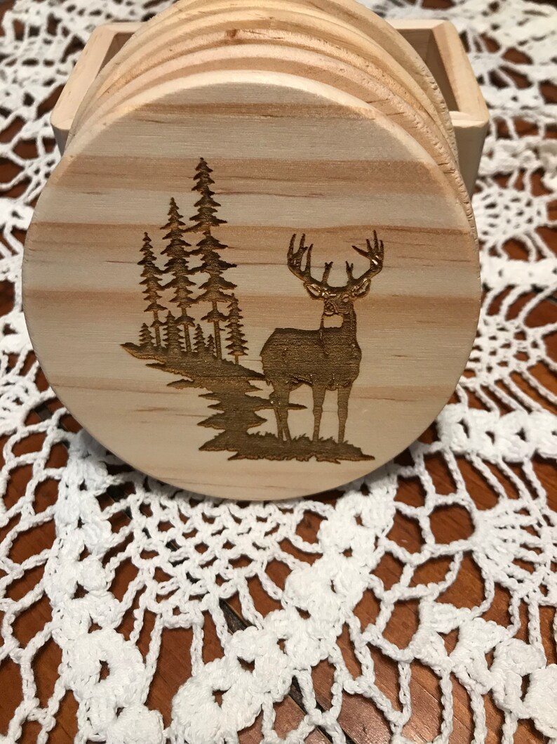 Wildlife Wooden Coaster Set, Laser Engraved (includes 6 Coasters and a ...