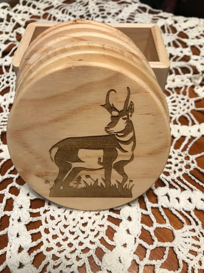 Wildlife Wooden Coaster Set, Laser Engraved (includes 6 Coasters and a ...