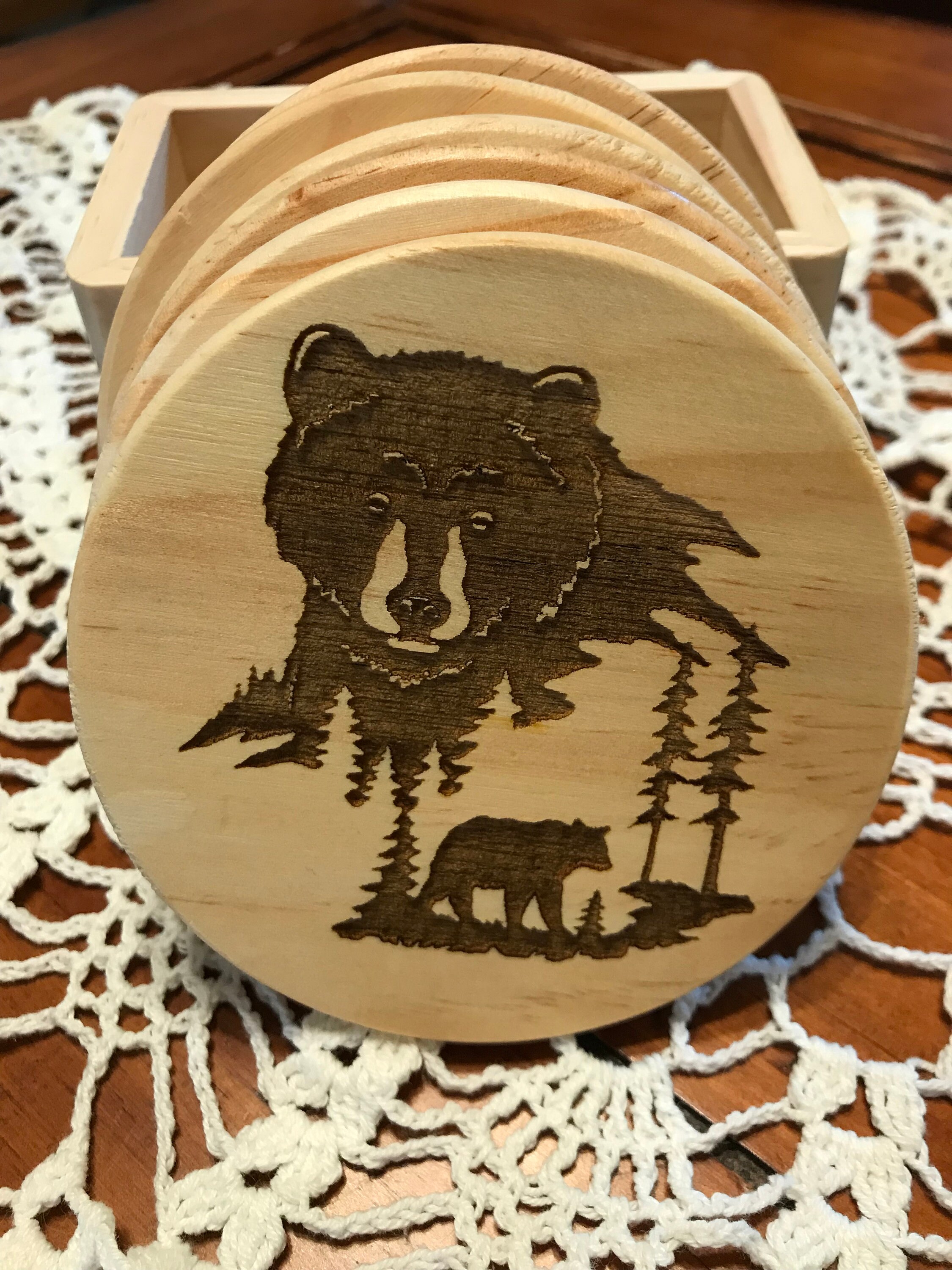 Wildlife Wooden Coaster Set, Laser Engraved (includes 6 Coasters and a ...