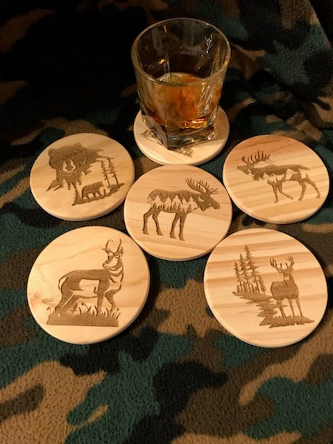 Wildlife Wooden Coaster Set, Laser Engraved (includes 6 Coasters and a ...