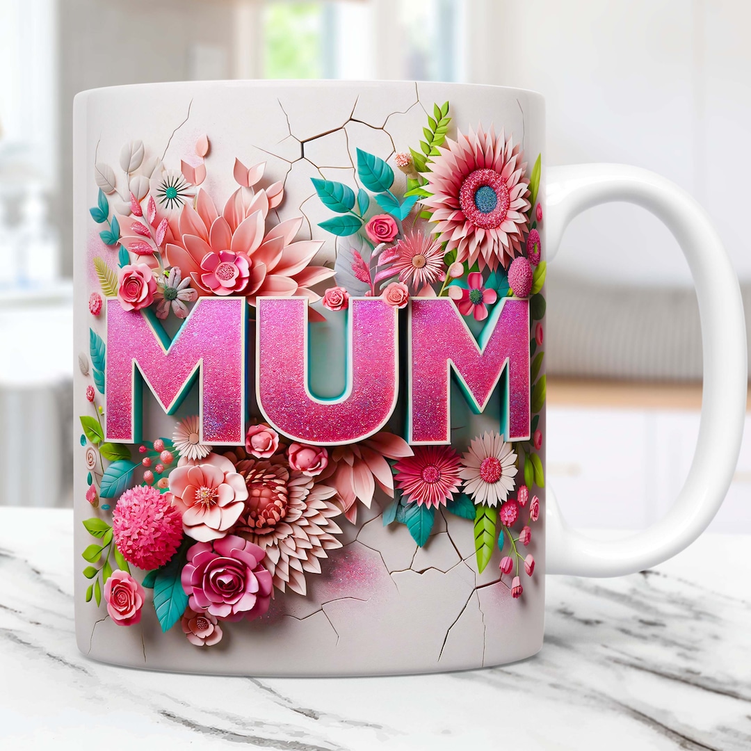 3D Mum Mug Wrap, 11oz & 15oz Mug Template, 3D Cracked Wall Flower Mug ...