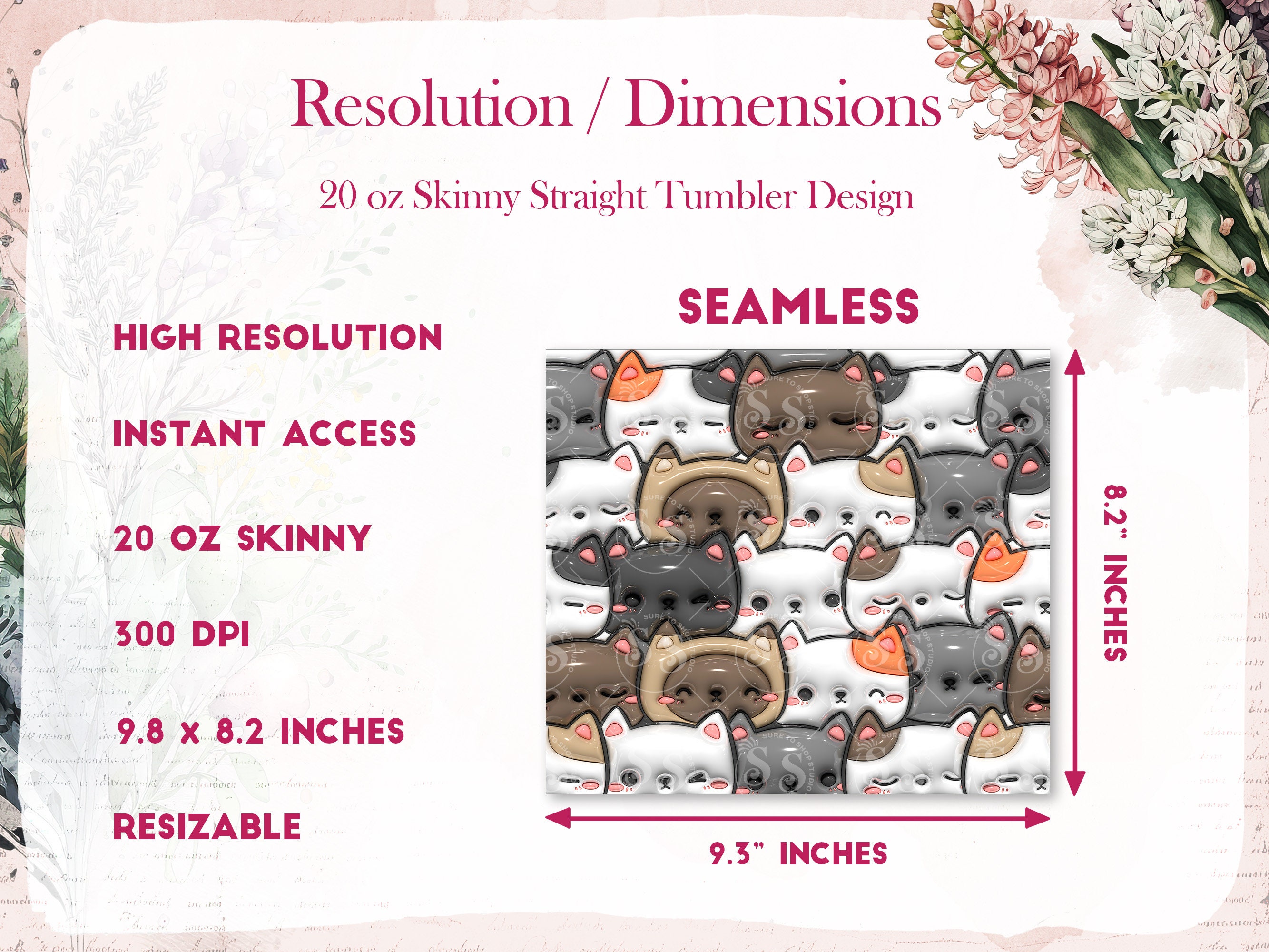 3D Cute Cats Tumbler Wrap, Puffy Cat Tumbler Wrap Sublimation Design ...