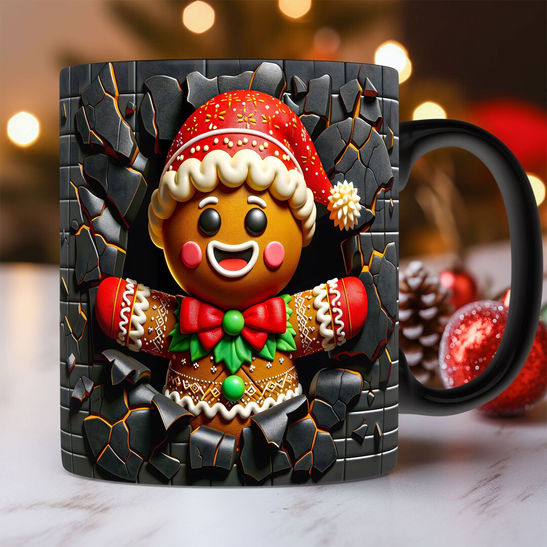 3D Christmas Gingerbread Hole in A Wall Mug Wrap Sublimation Design, 3D ...
