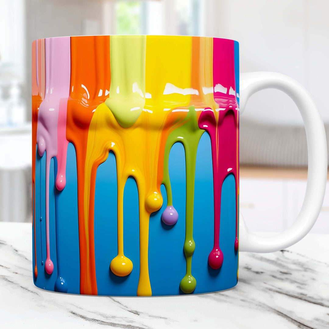 3D Rainbow Dripping Paint Mug Wrap, 3D Mug Sublimation Design PNG Mug ...