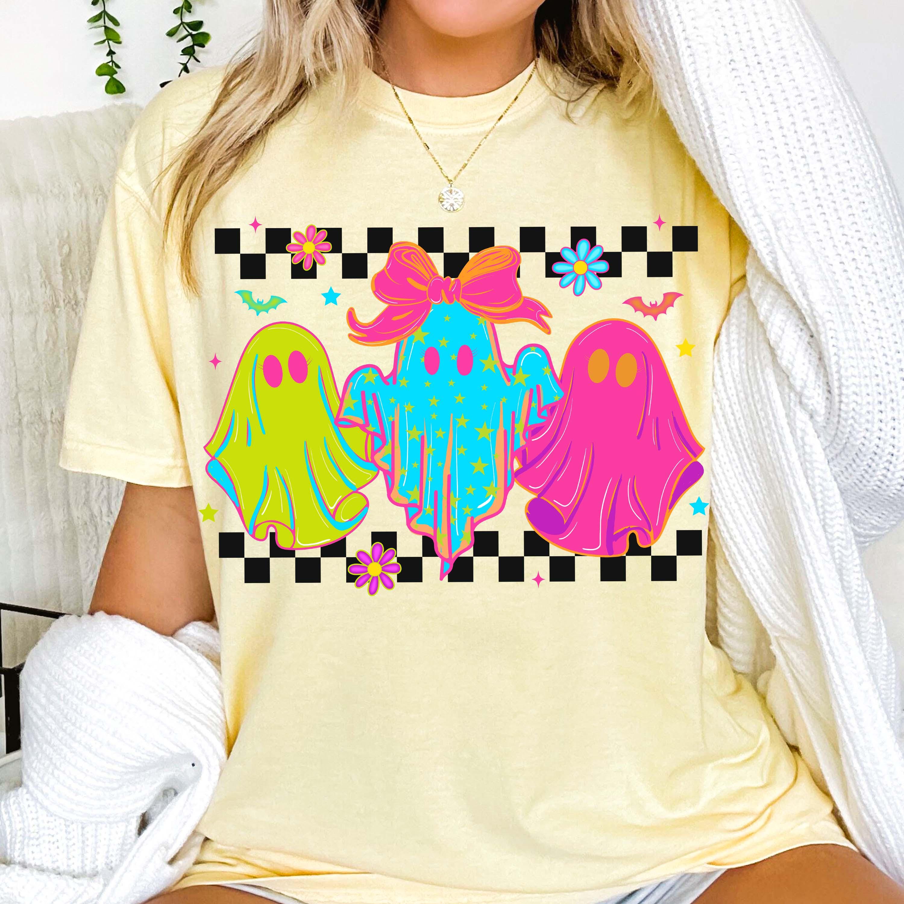 Checkered Neon Halloween Ghost Png, Cute Boo Ghost Coquette Png ...