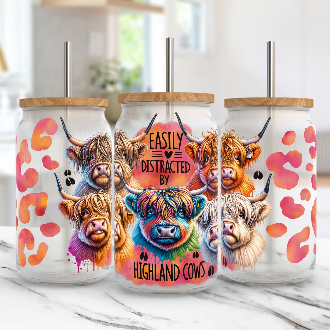 Funny Highland Cow Glass Can Wrap 16oz Glass Can PNG Sublimation Design ...