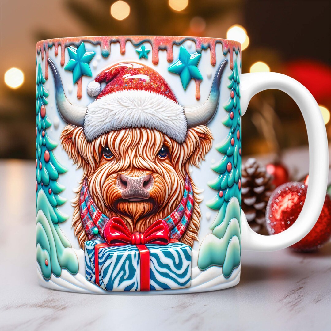 3D Highland Cow Mug Wrap Christmas Highland Cow Sublimation Design ...