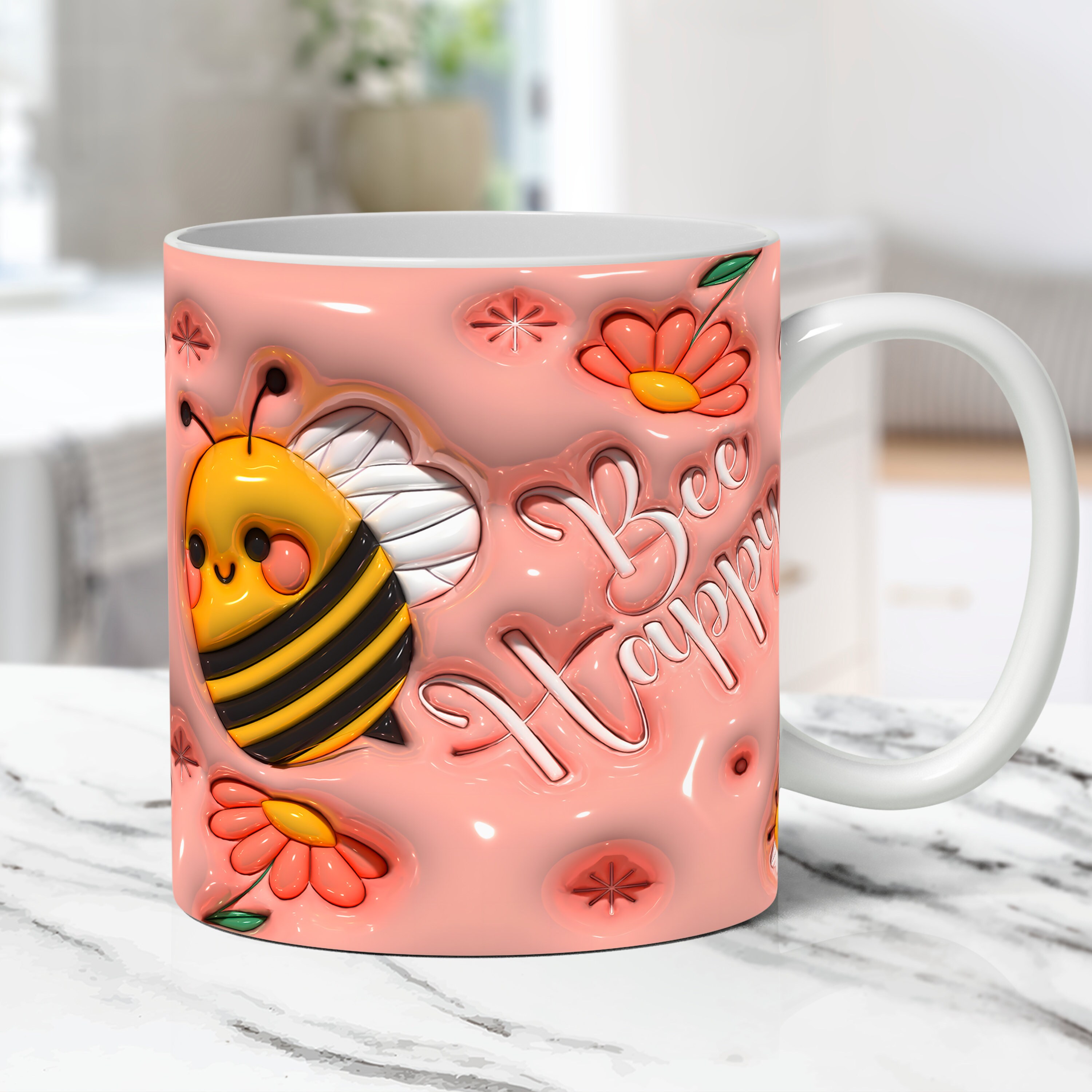 3D Beeing Happy Inflated Bee Mug Wrap, 3D Puffy Honeycomb Bee Mug Wrap ...