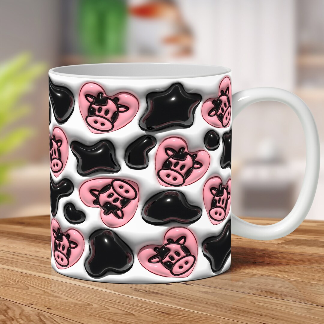 3D Inflated Cow Mug Wrap, 3D Puffy Cow Mug Wrap Sublimation Design PNG ...