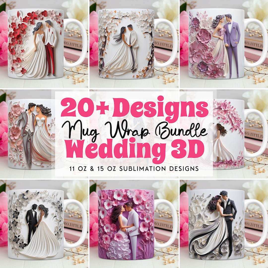 3D Wedding Couple Mug Wrap Bundle, Floral Mug Wrap Template, Mug ...