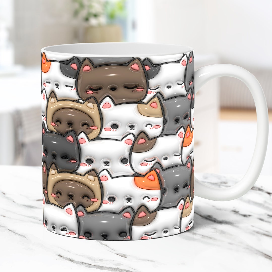 3D Inflated Cat Mug Wrap, Puffy Cats Mug Wrap Sublimation Design PNG ...