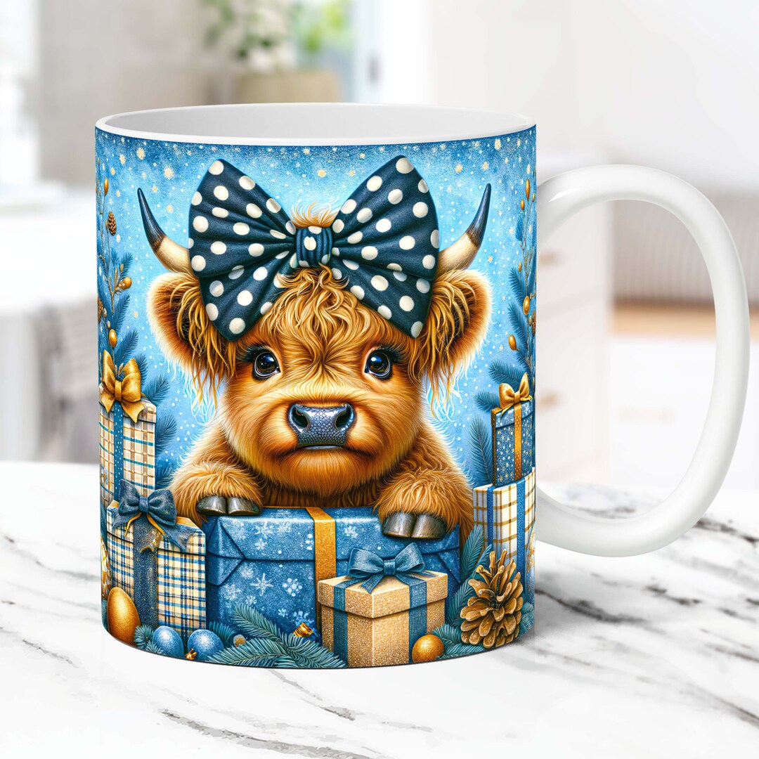 Cute Highland Cow Christmas Mug Wrap, Highland Cow Mug PNG Sublimation ...