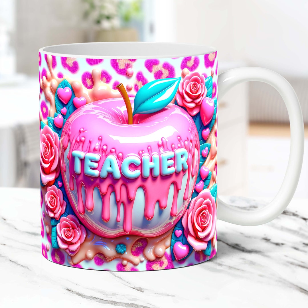 3D Teacher Mug Wrap Inflated Pink Mug Wrap Sublimation Design PNG ...