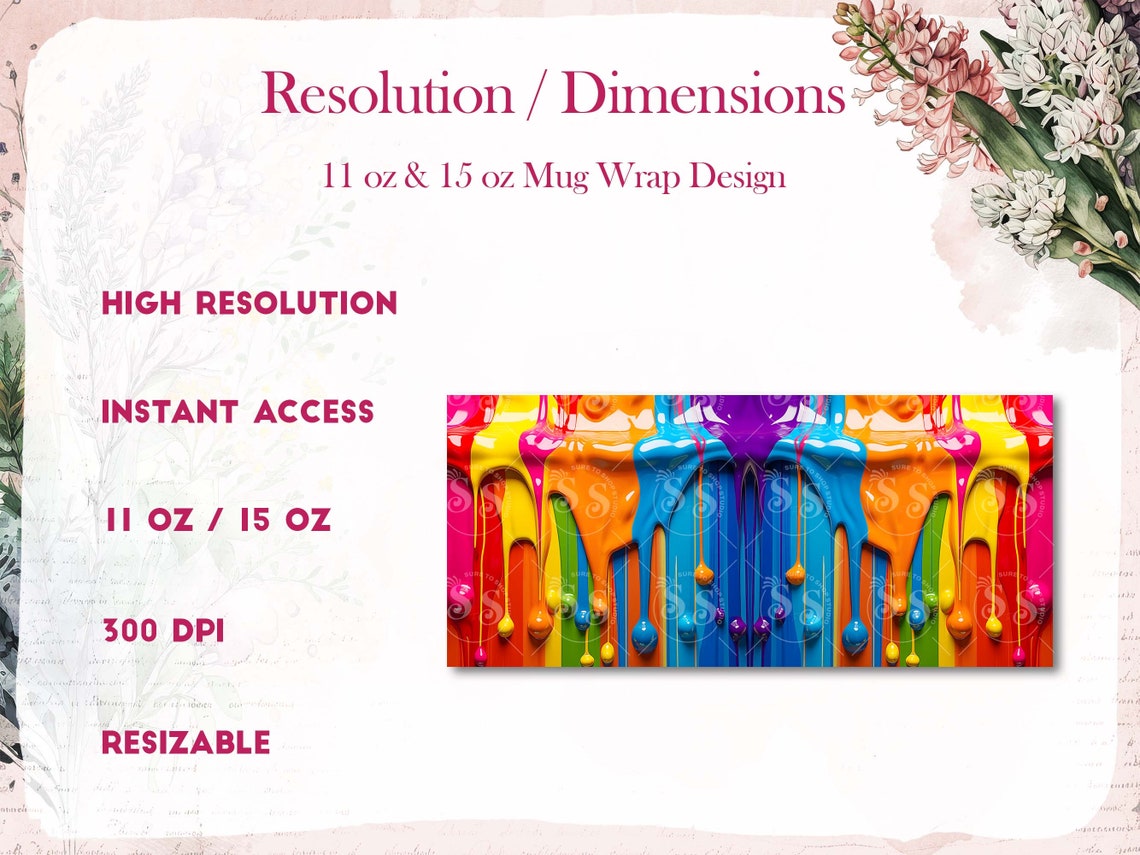 3D Rainbow Dripping Paint Mug Wrap, 3D Mug Sublimation Design PNG Mug ...