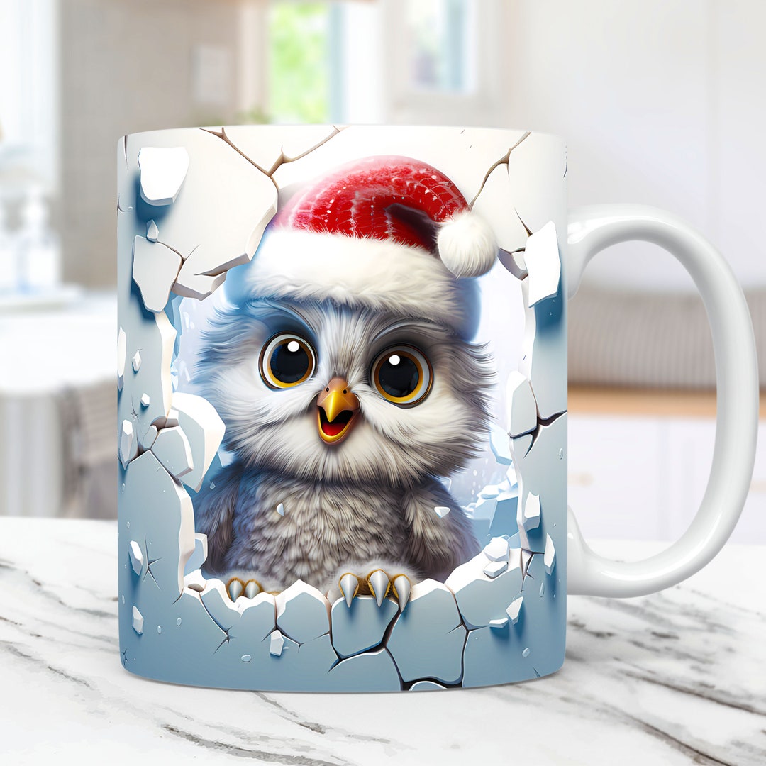 3D Baby Owl Christmas Mug Wrap, 3D Cracked Hole Owl Mug Wrap ...