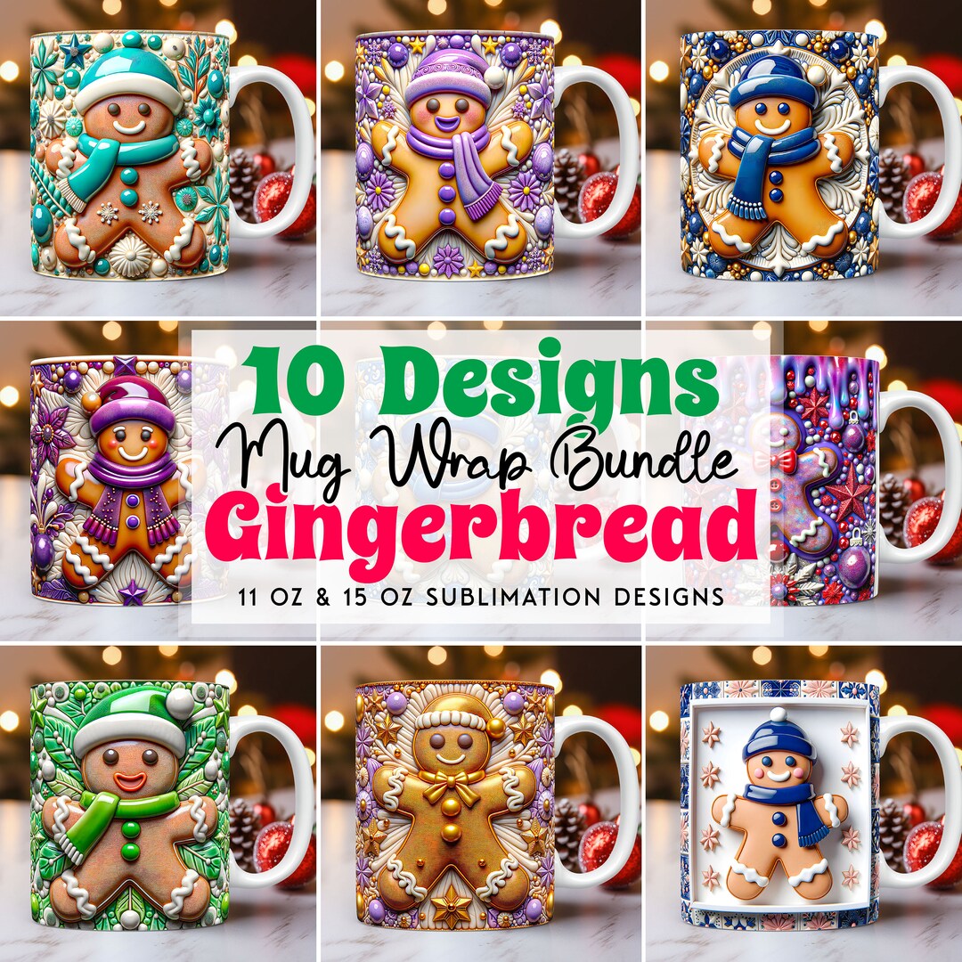 3D Gingerbread Mug Wrap Bundle Christmas Mug Wrap Puffy PNG Sublimation ...
