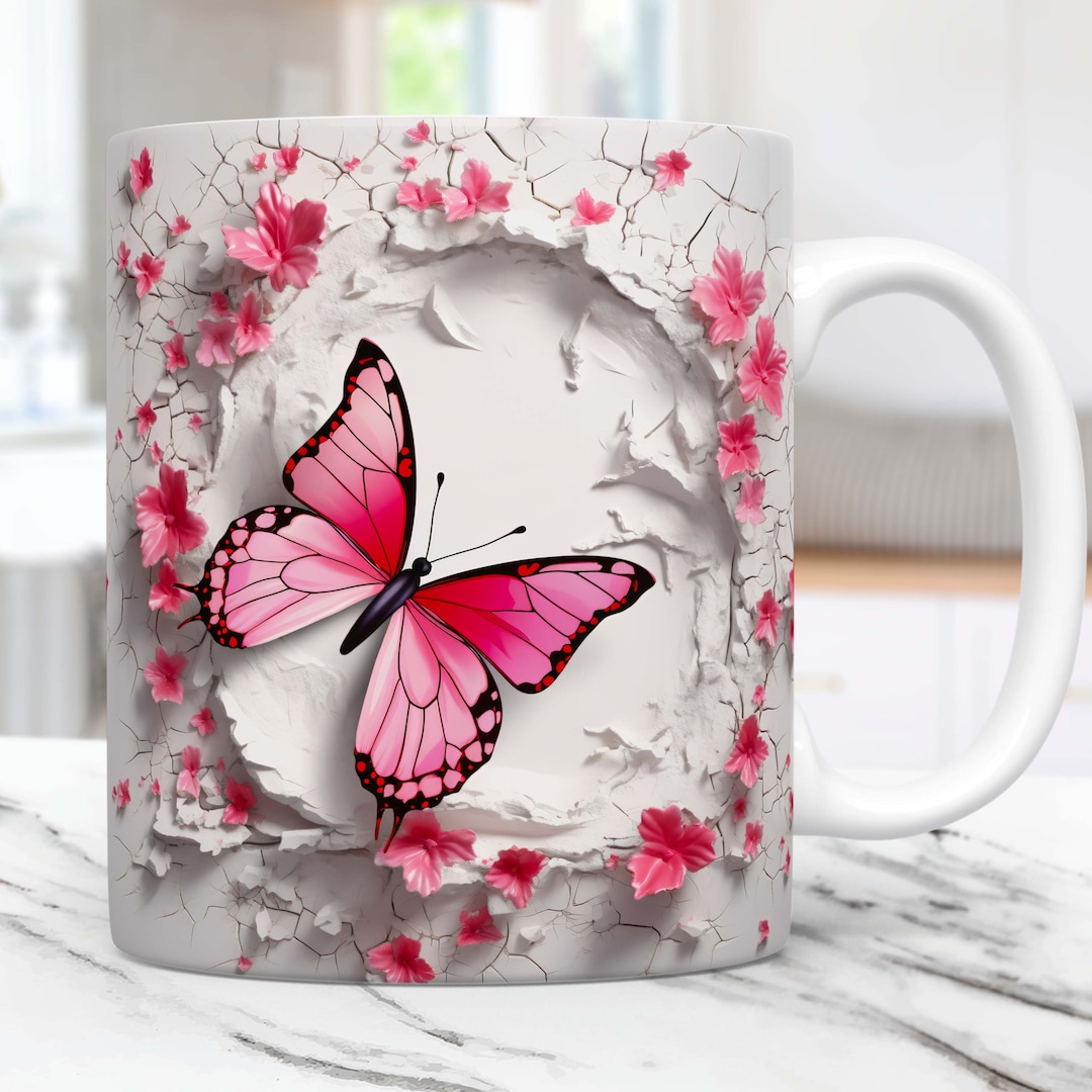 3D Butterfly Mug Wrap, 3D Crack in A Wall Mug Wrap, Pink Flower Mug ...