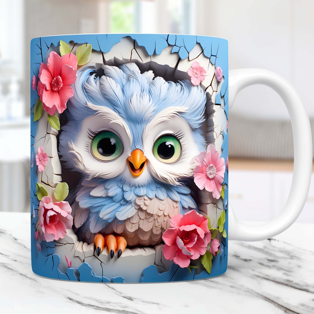 3D Baby Owl Mug Wrap, 3D Cracked Hole Owl Mug Wrap Sublimation Design ...