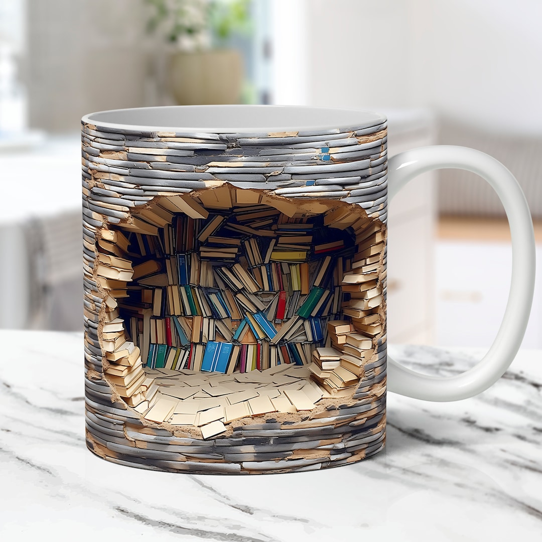 3D Book Mug Wrap, 3D Bookshelf Mug Wrap Sublimation Design PNG, 3D Book ...