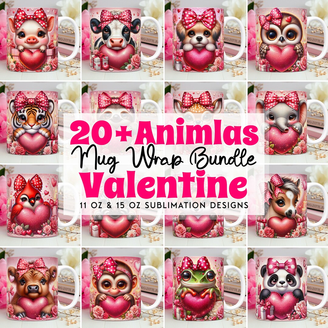 Valentine Animals Mug Wrap Bundle, Valentines Day Mug Wrap Sublimation ...