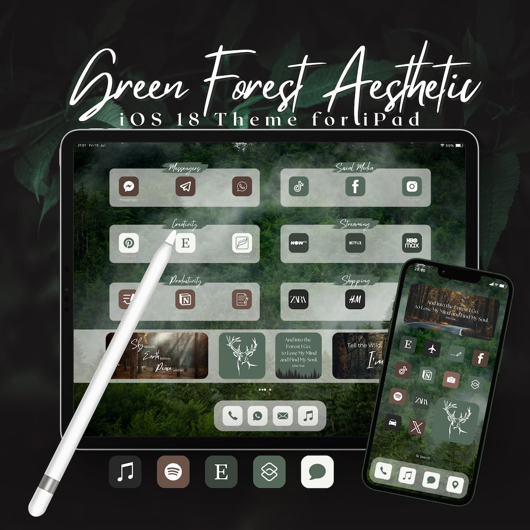 Ios 18 Aesthetic Forest Theme for Ipad, Ios App Icons Pack, Widgets ...