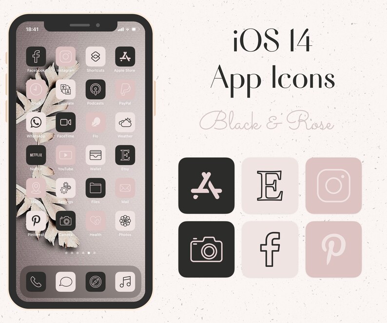 Ios 14 Iphone App Icons Black & Rose Aesthetic App Covers - Etsy