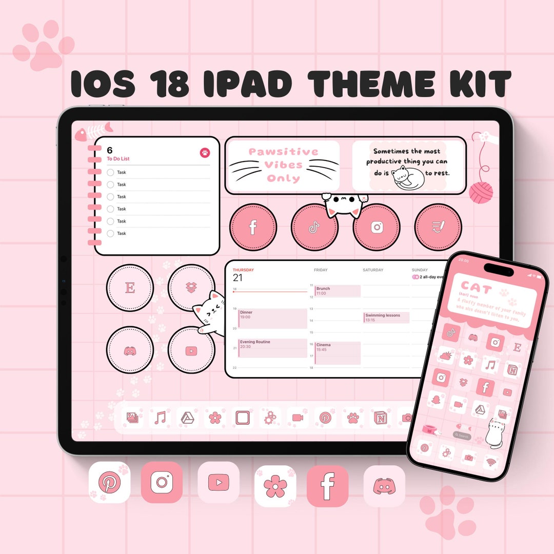 Ios 18 Cute iPad Theme, Pink Cat Ios Icon Kit, App Icons Pack for iPad ...