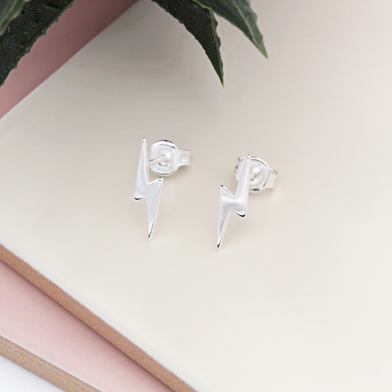Sterling Silver Lightning Bolt Stud Earrings | Etsy