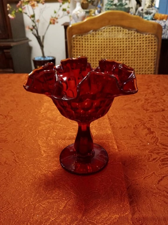 Fenton Ruby Red Ruffled Thumbrint Pedestal Dish - Etsy