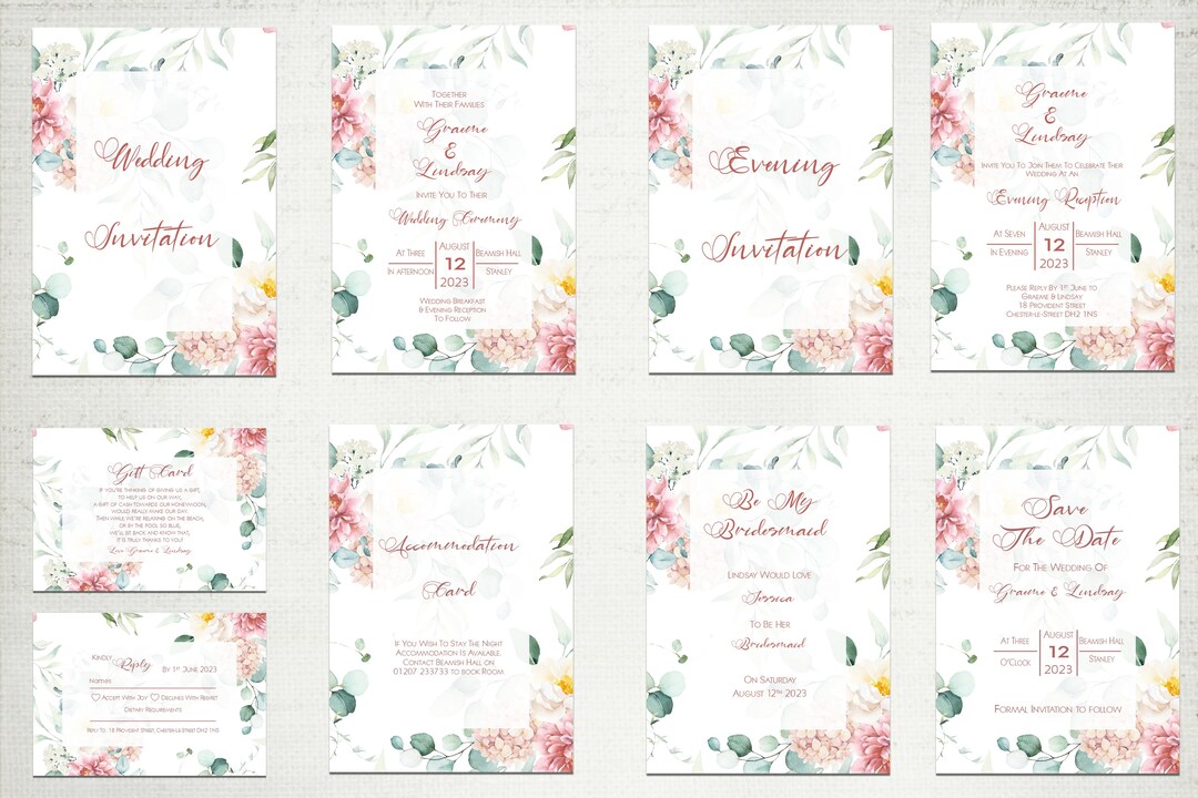 Personalised Wedding Day Invitations Floral Rose Eucalyptus Wedding ...