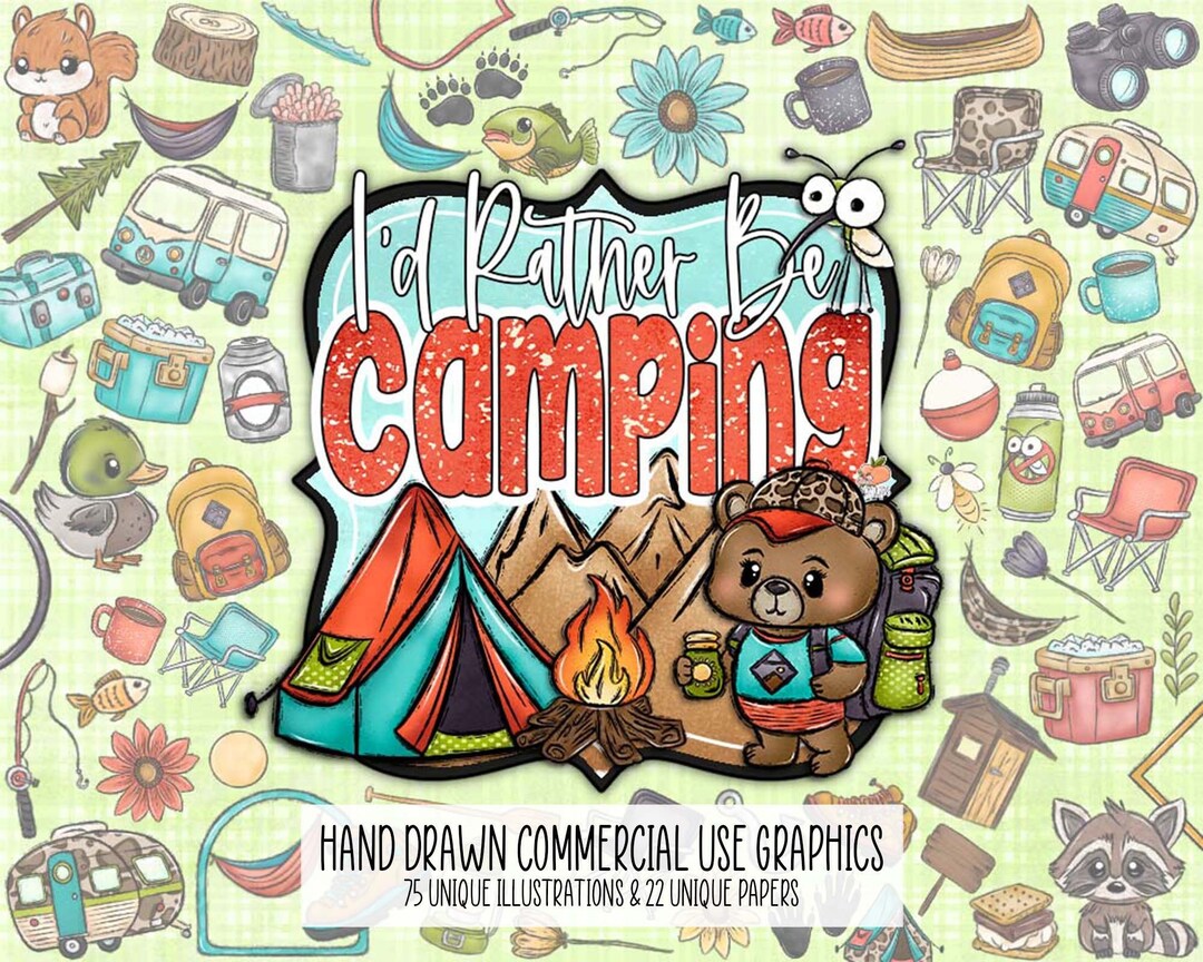 Camping Clipart Bundle Fishing Adventure Hand Drawn T-shirt Design ...