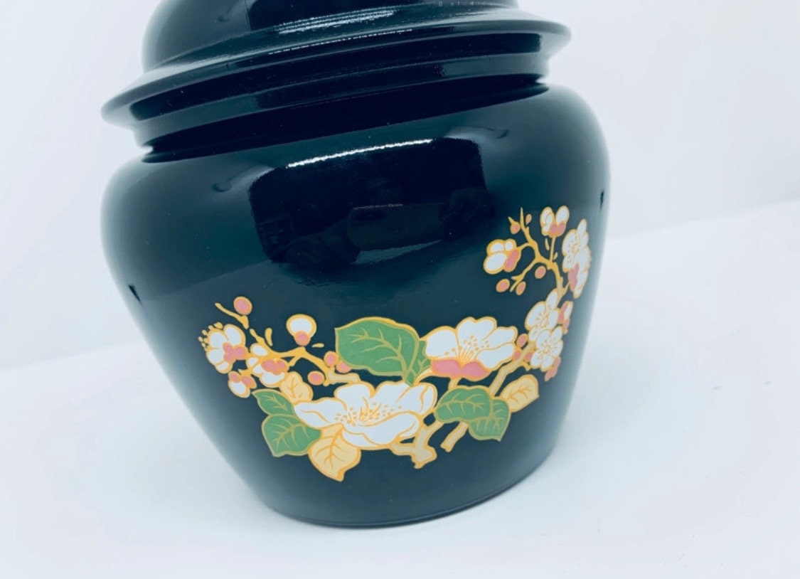 Vintage Avon Black Glass Ginger Jar With Lid Cherry Blossom Asian Decor ...