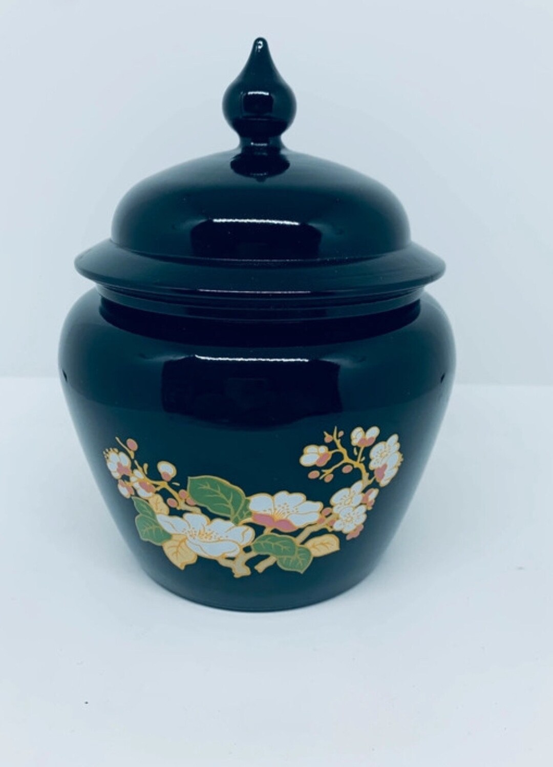 Vintage Avon Black Glass Ginger Jar With Lid Cherry Blossom Asian Decor ...