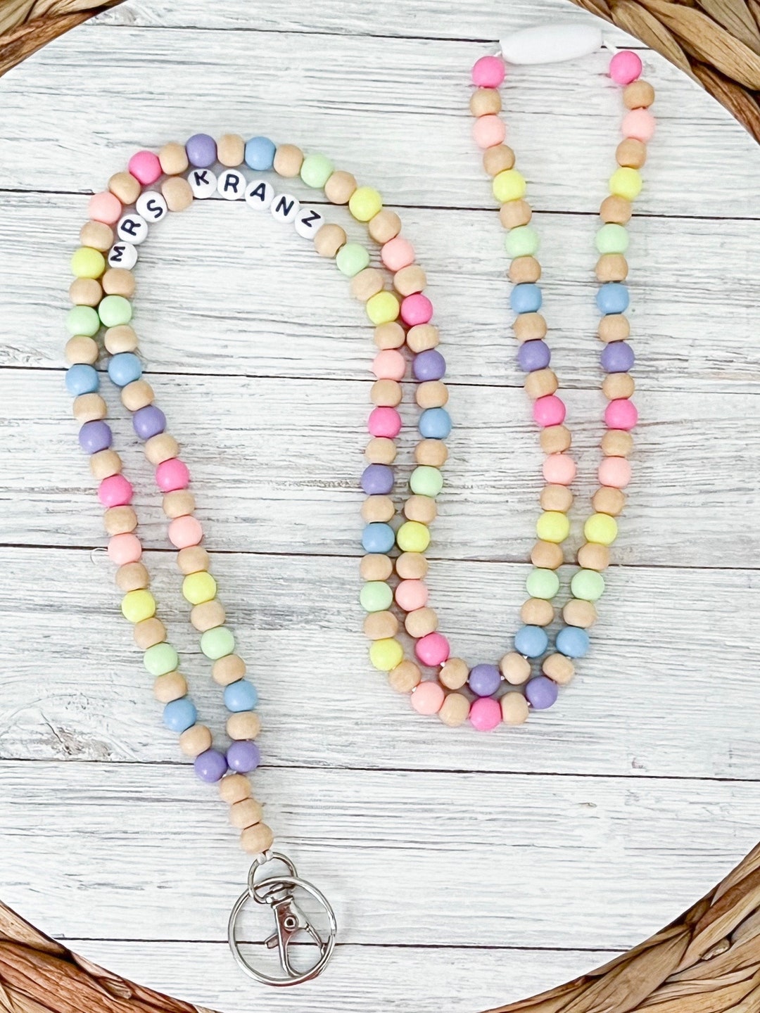 Personalized Pastel Rainbow Beaded Breakaway Lanyard, Beaded Lanyard ...
