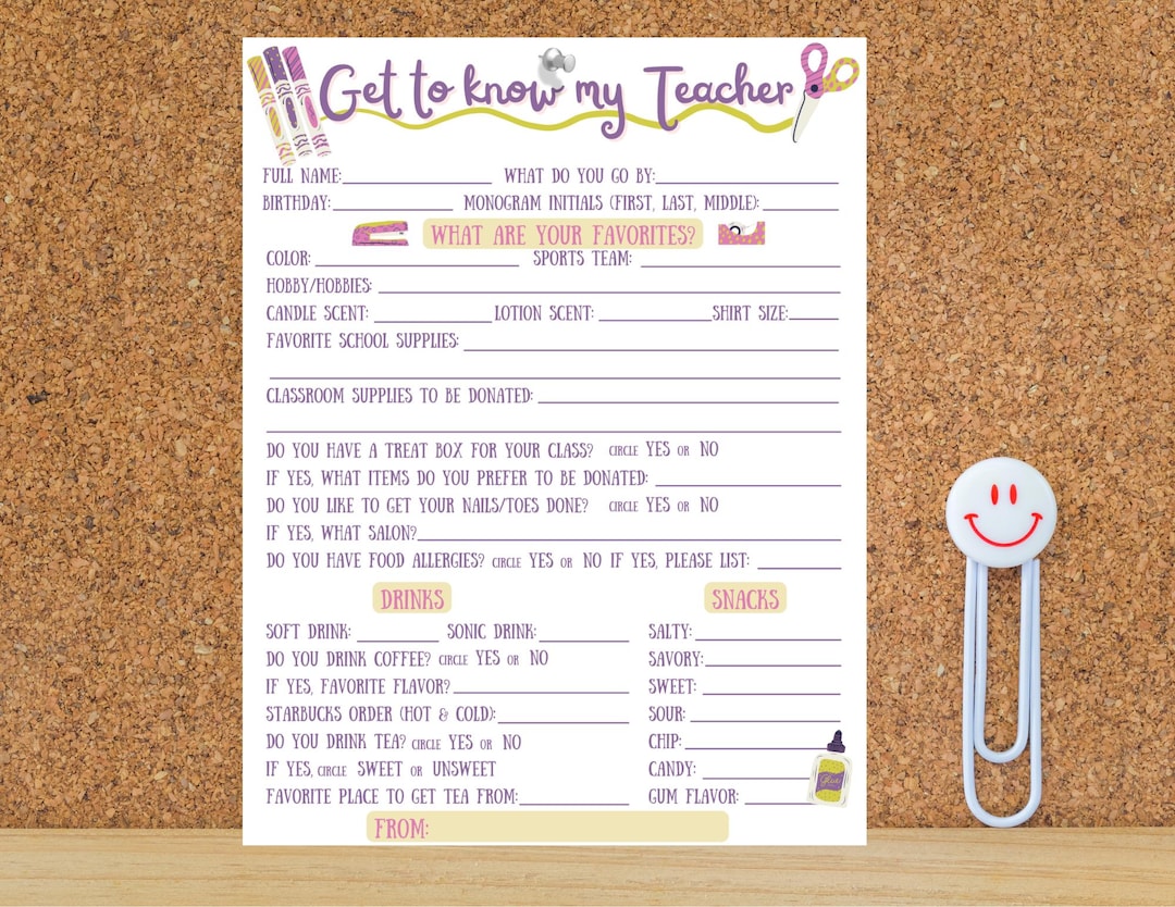 Get to Know Your Teacher Instant Digital Download - Etsy