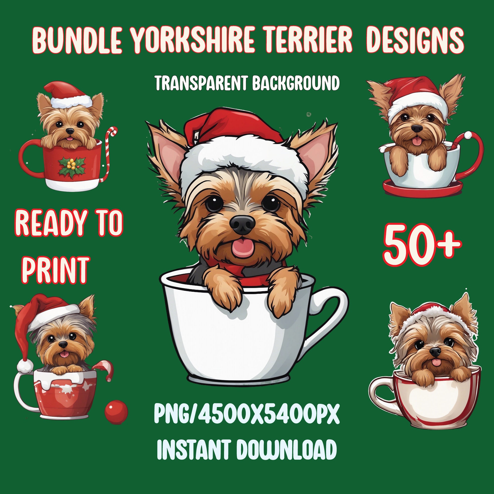 Yorkshire Terrier Bundle, Cute Yorkie PNG Illustration, Cute Yorkie Printable, Christmas Yorkie ...